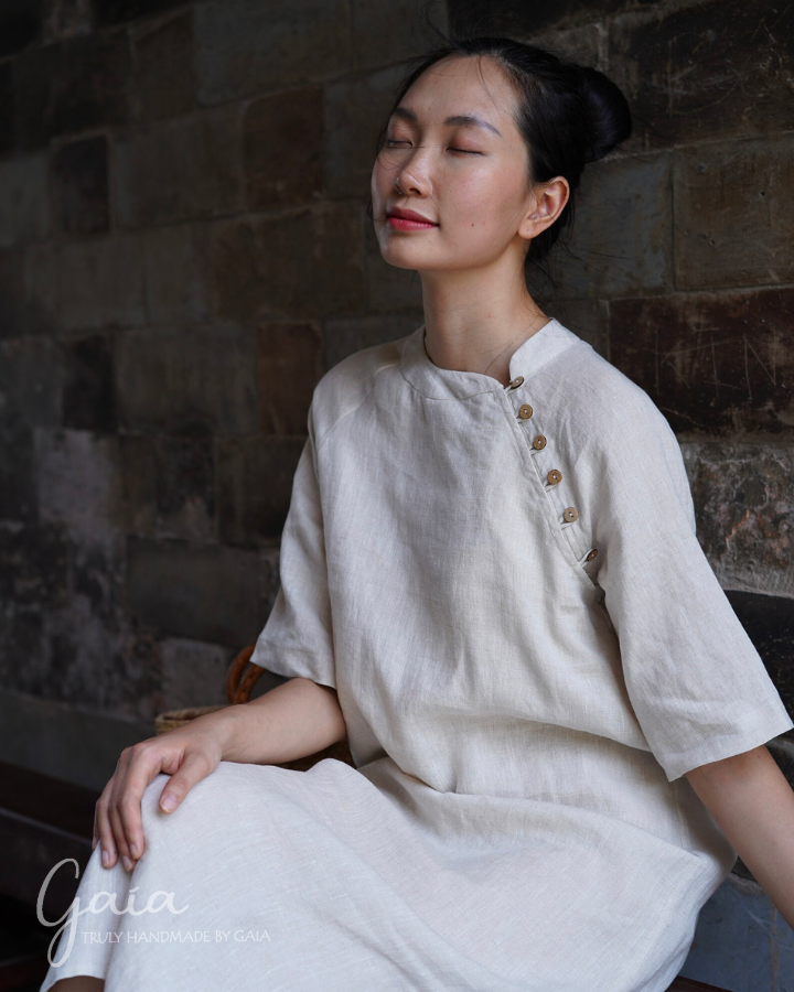 Casual linen cheongsam dress with buttons MAEVE – MadebyGaia