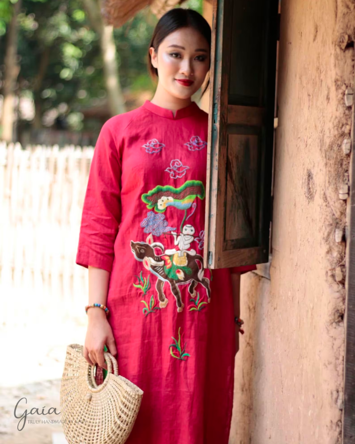 Hand-embroidered linen Ao Dai elegant ELA-W33 – MadebyGaia