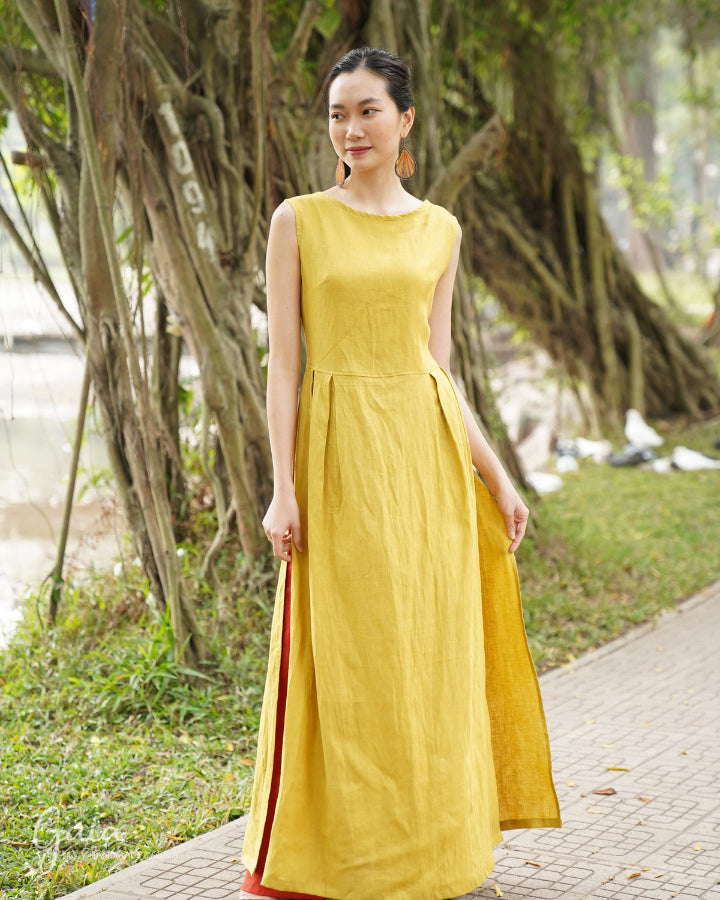 Linen sleeveless Vietnam woman traditional dress LA-W21 – MadebyGaia